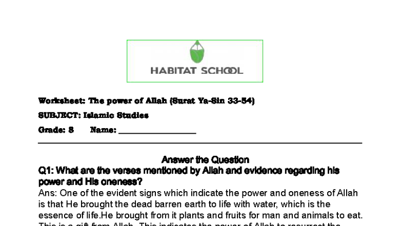 Islamic Studies Grade 8: Power of Allah Worksheet and Activities - Studocu
