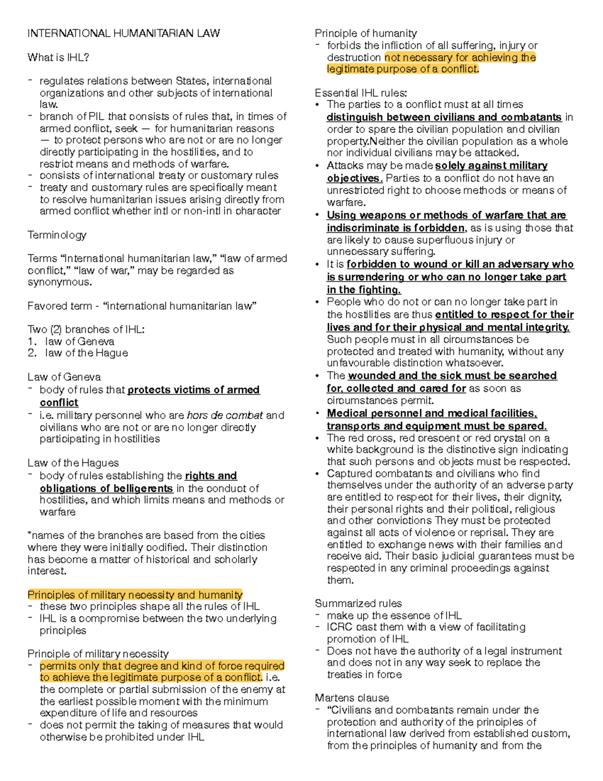 PIL-IHL - Comprehensive Review on International Humanitarian Law - Studocu