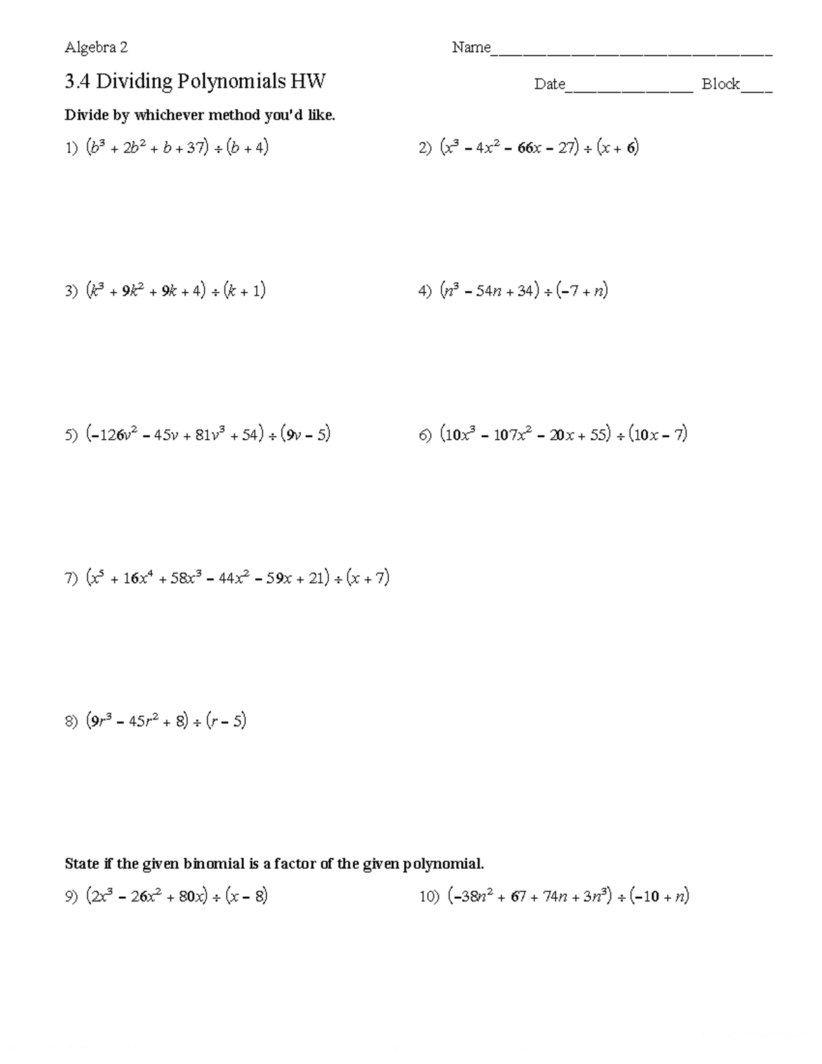 Algebra 2: Dividing Polynomials HW (3.4) - Studocu