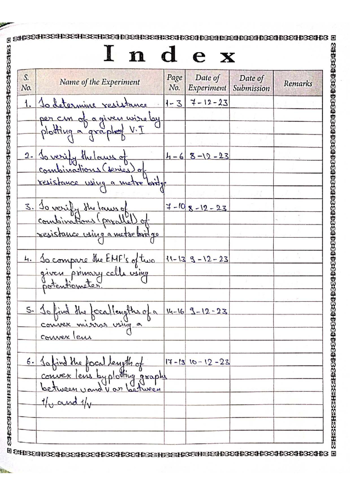 Physics Practical Class XII CBSE 2023-24: Experiment Index and ...