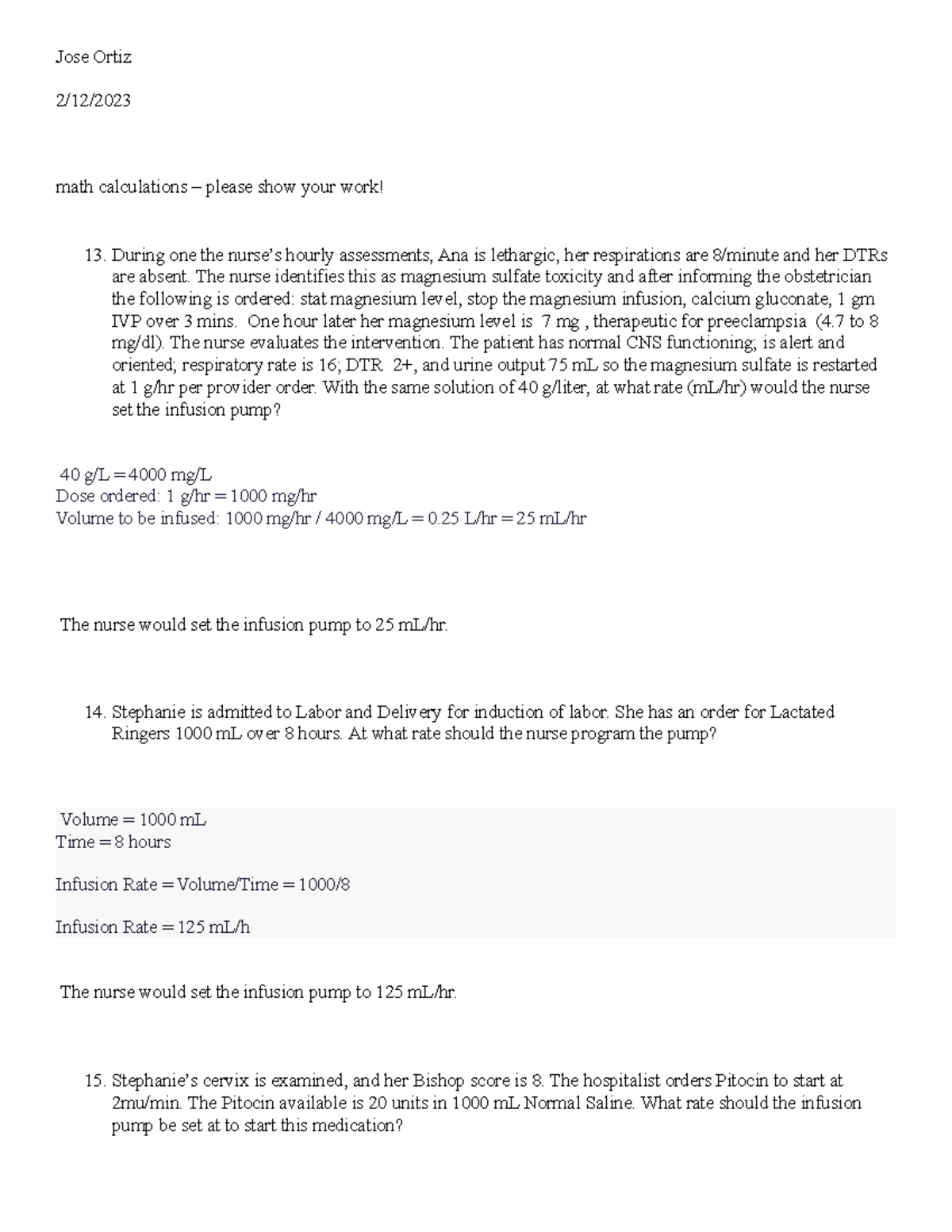 NUR202 OB Math Calculations: Dosage Calculation Practice Questions 13 ...