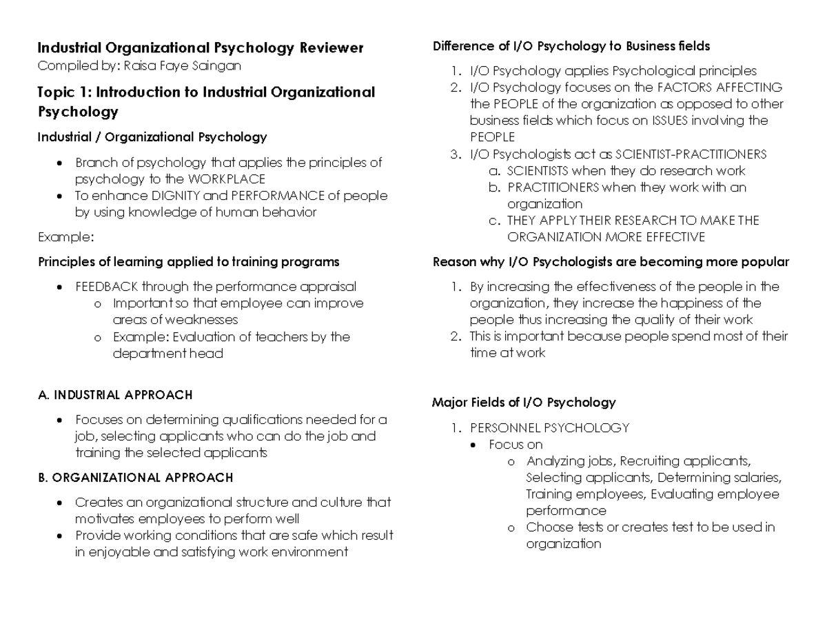 Industrial Organizational Psychology Exam Notes (IOP 101) - Studocu