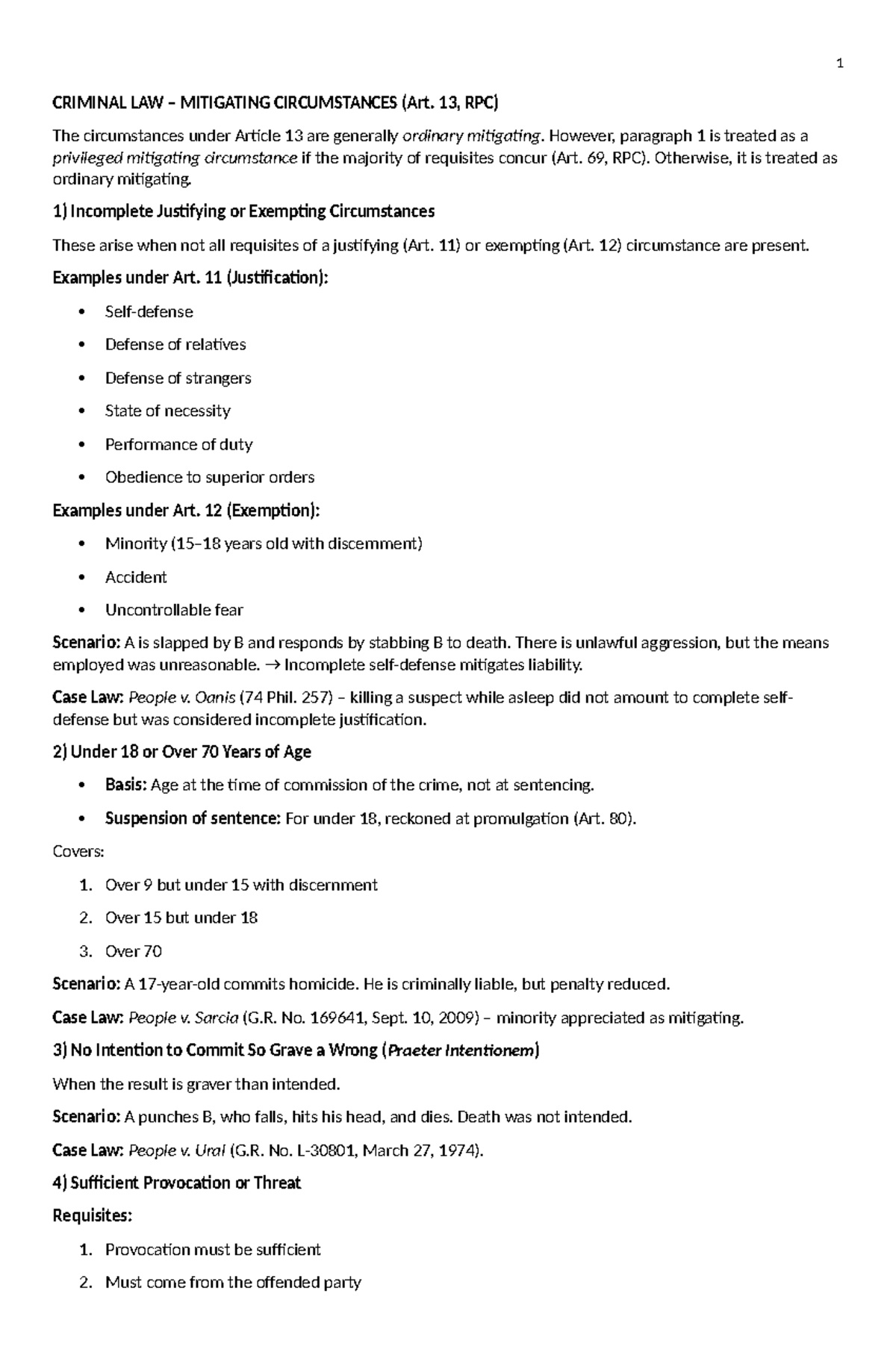 1 CRIMINAL LAW MITIGATING CIRCUMSTANCES (Art. 13, RPC) Overview - Studocu