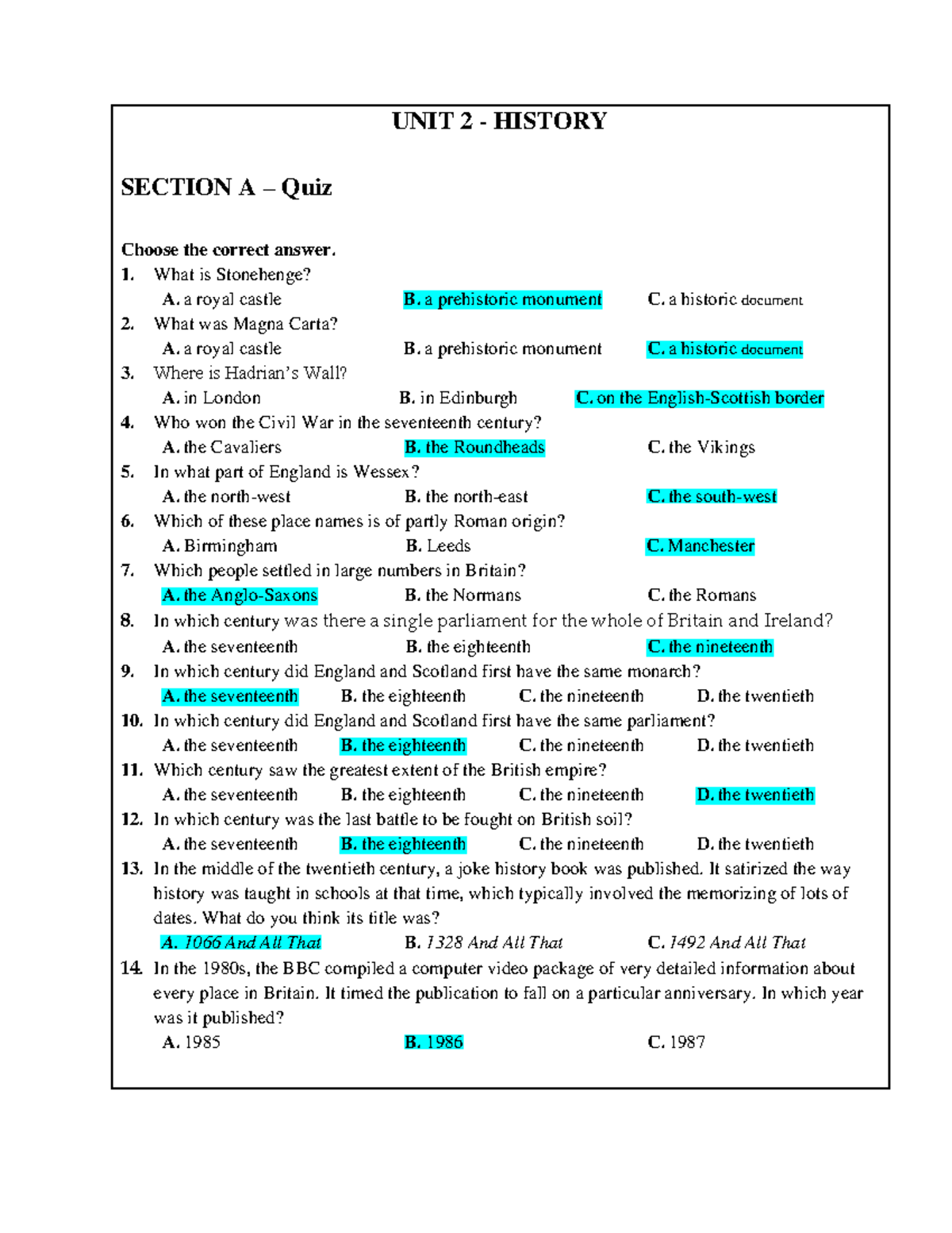 Exercise - Unit 2 - sằef - UNIT 2 - HISTORY SECTION A – Quiz Choose the ...