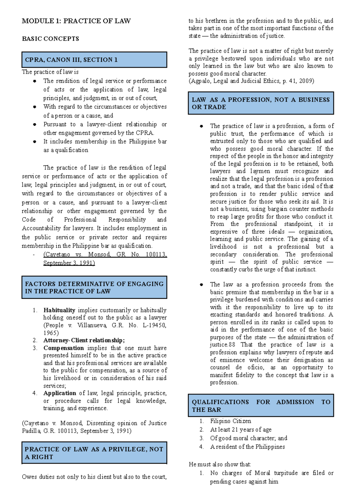 MODULE 1: PRACTICE OF LAW ETHICS CPRA - Key Concepts and Cases - Studocu