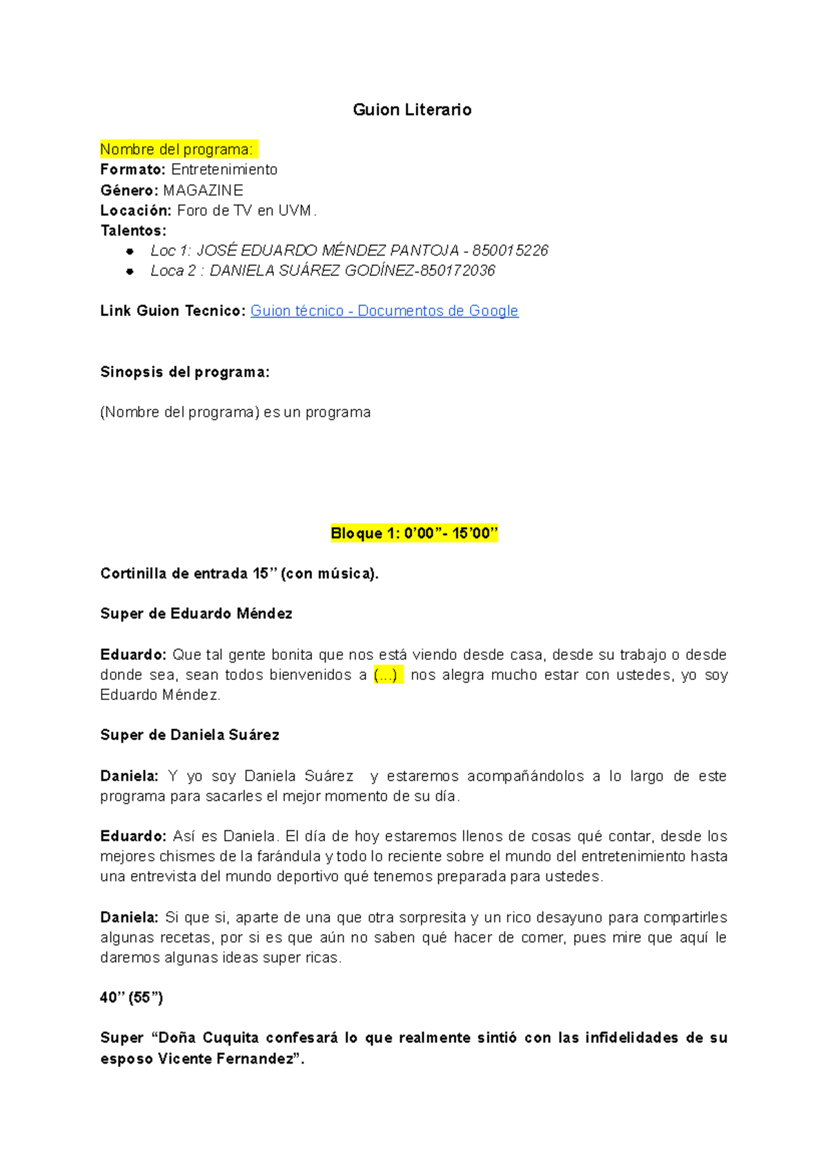 Ejemplo De Guión De Programa De Debut