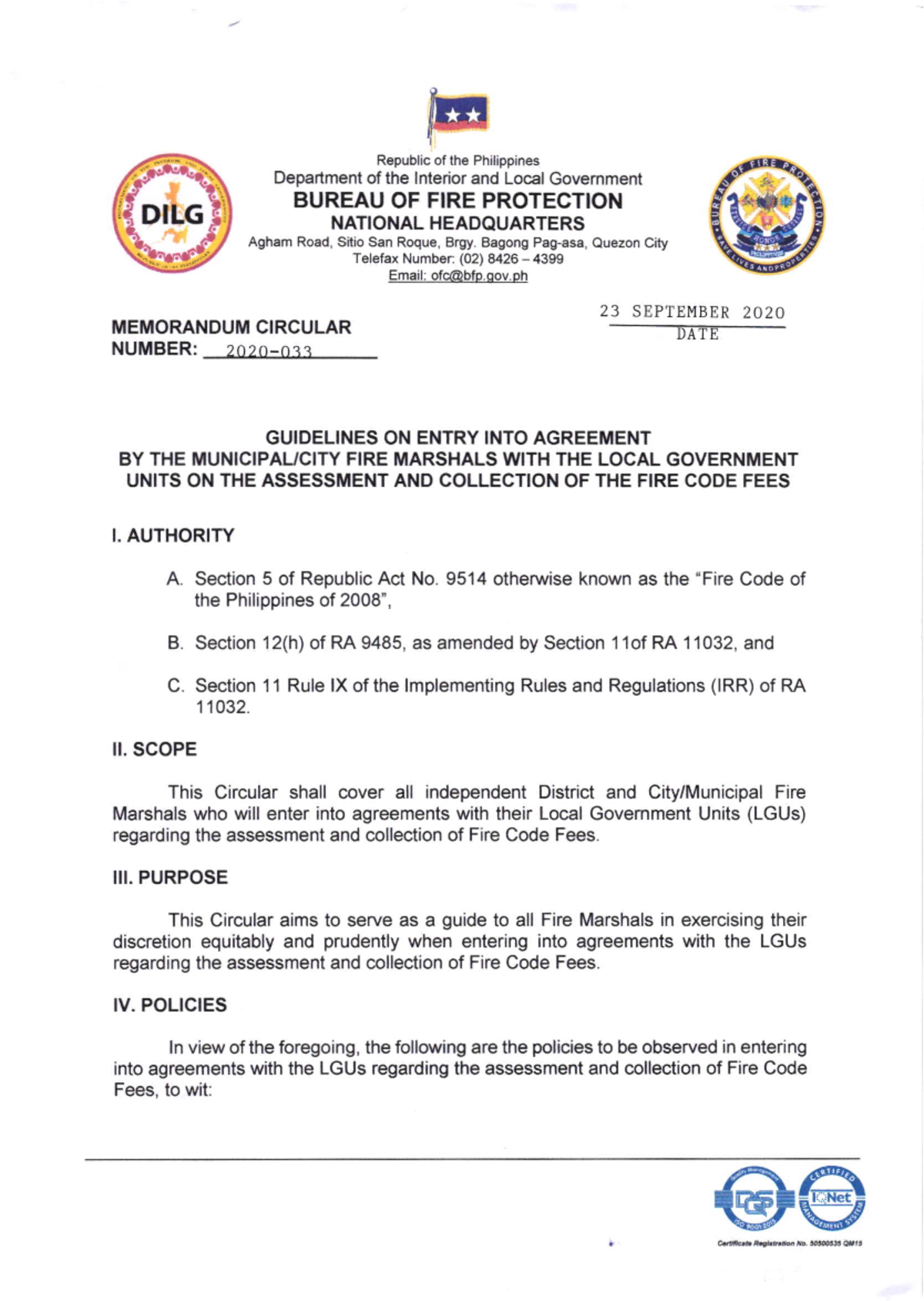 Guidelines for Fire Marshals: BFP MC 2020 033 on LGU Agreements - Studocu