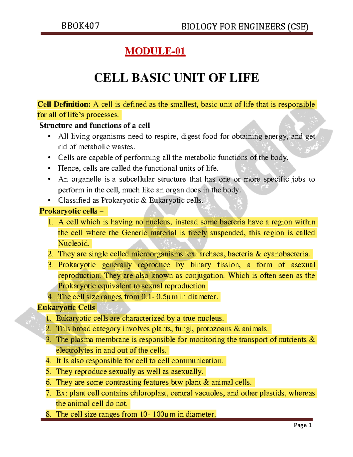 BBOK407 BIOLOGY FOR ENGINEERS (CSE) - Cell Structure & Functions ...