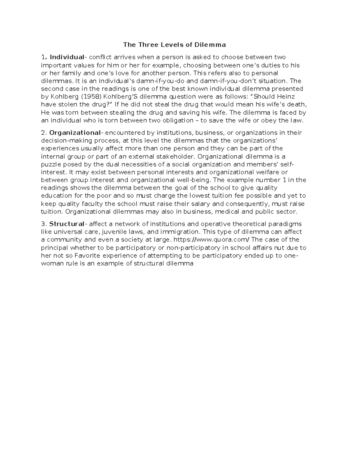 Three Levels of Dilemma: Individual, Organizational, and Structural ...