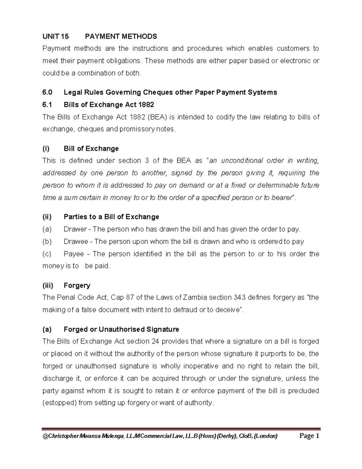 UNIT 15: Payment Methods and Legal Rules in Banking - Studocu