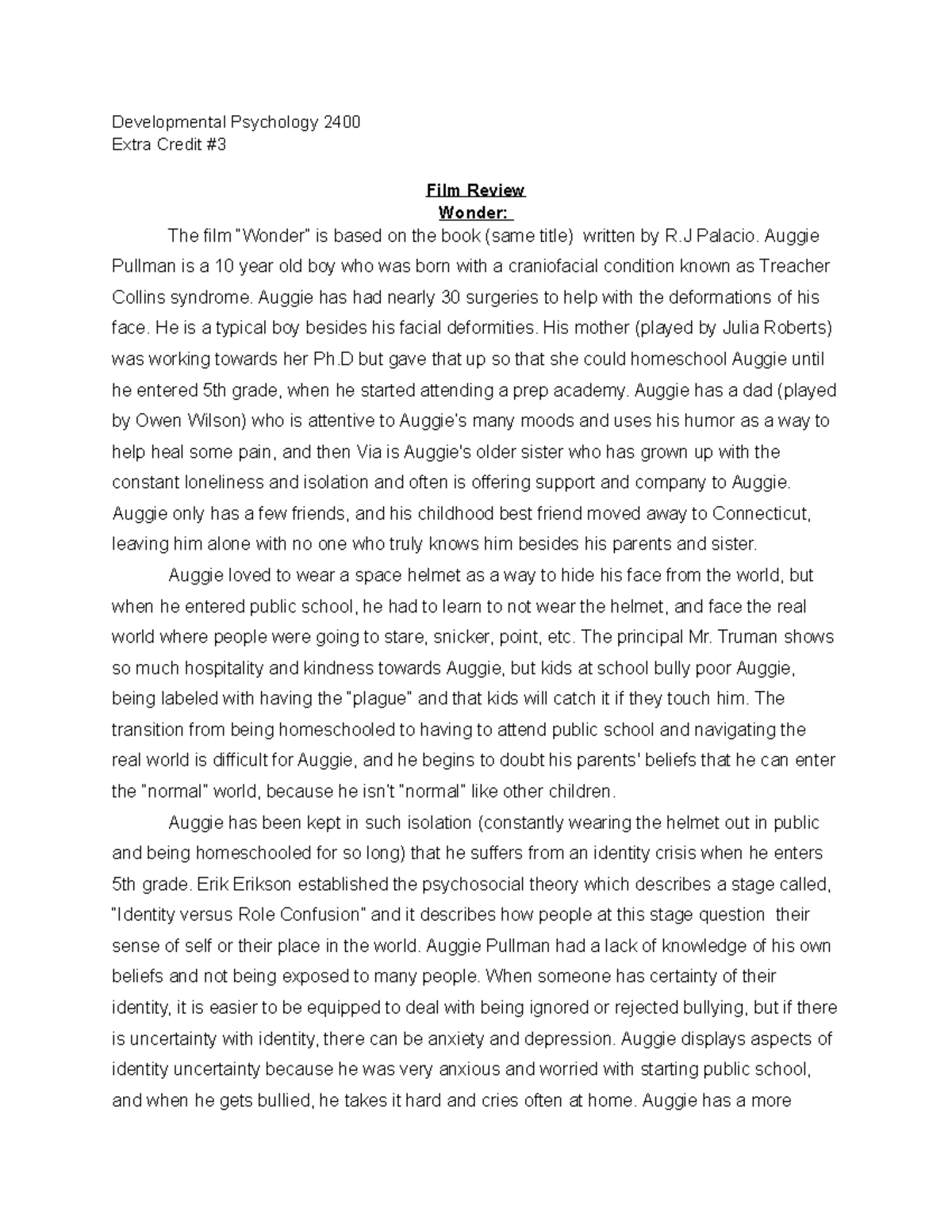 Developmental Psychology 2400 Film Review: Analysis of "Wonder" - Studocu