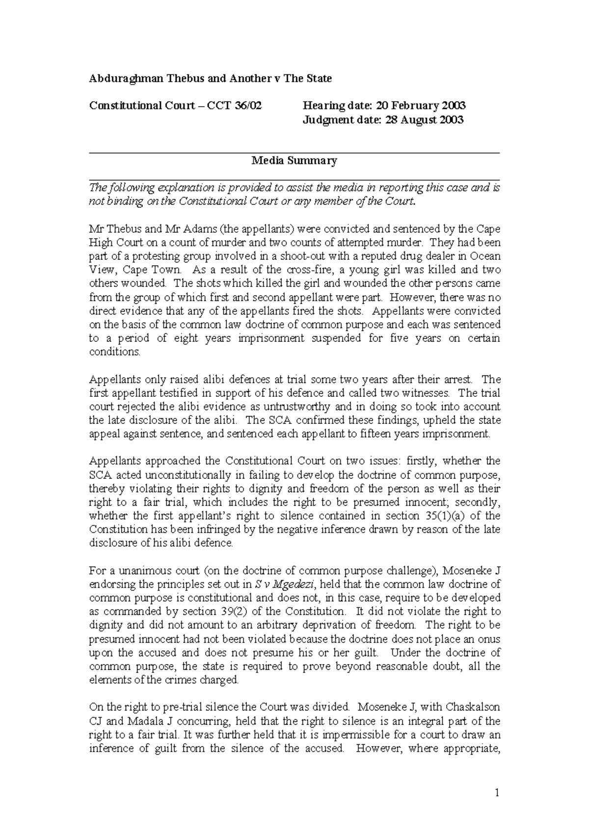 S v Thebus and Others summary - Abduraghman Thebus and Another v The ...