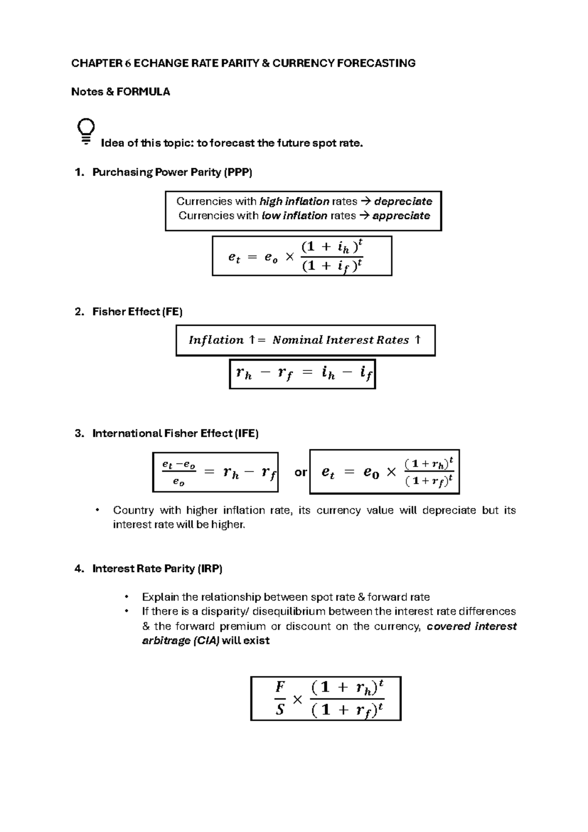 CHAPTER 6: ECHANGE RATE PARITY & CURRENCY FORECASTING Notes & Formulas ...