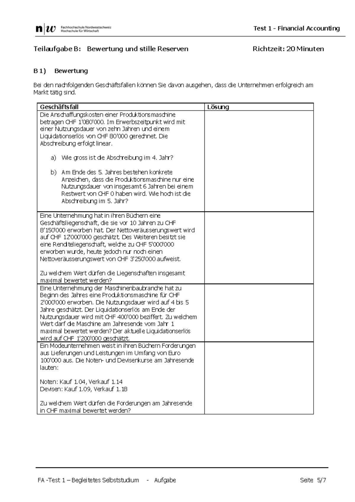 HS21 FA Test 1: Bewertung und stille Reserven in der Finanzbuchhaltung ...