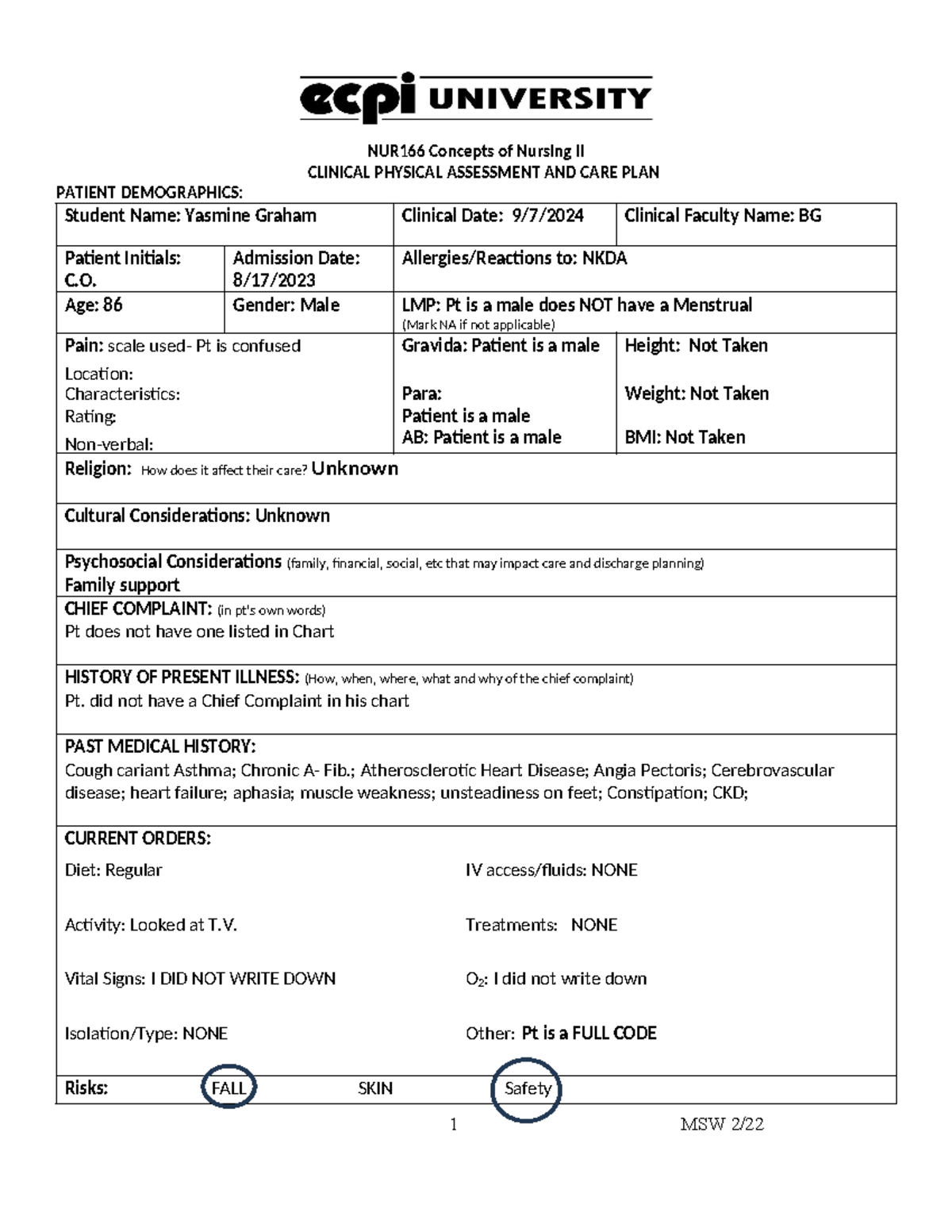 1st care plan - Care plan - NUR166 Concepts of Nursing II CLINICAL ...