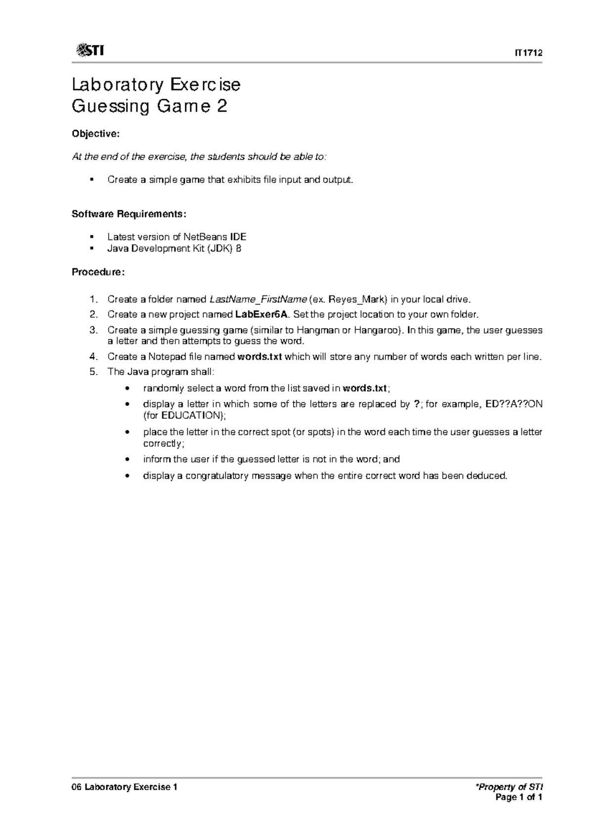 06 Lab Exer 1: Java Guessing Game Project Instructions - Studocu