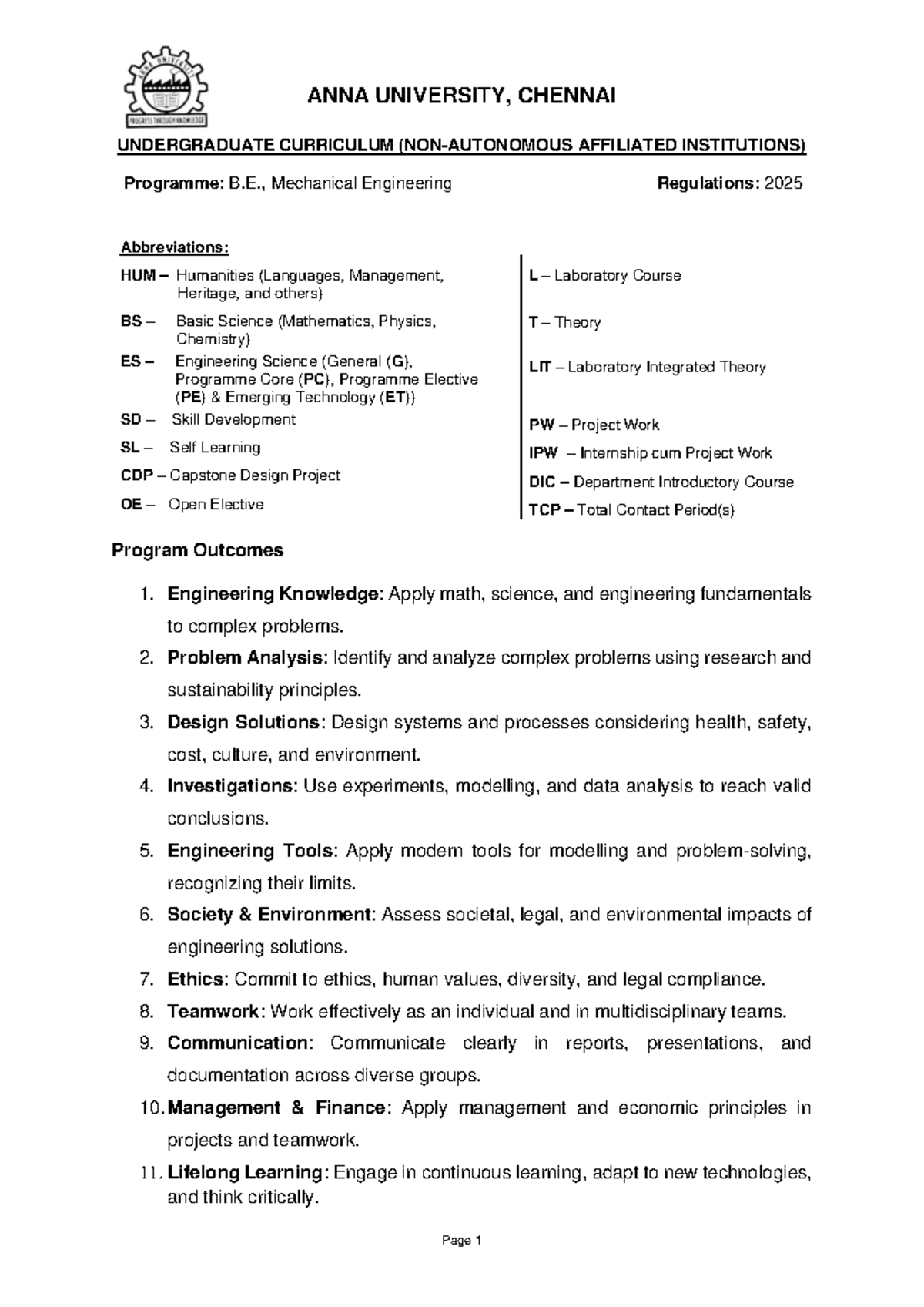 B.E. Mechanical Engineering Curriculum Overview (Regulations 2025 ...