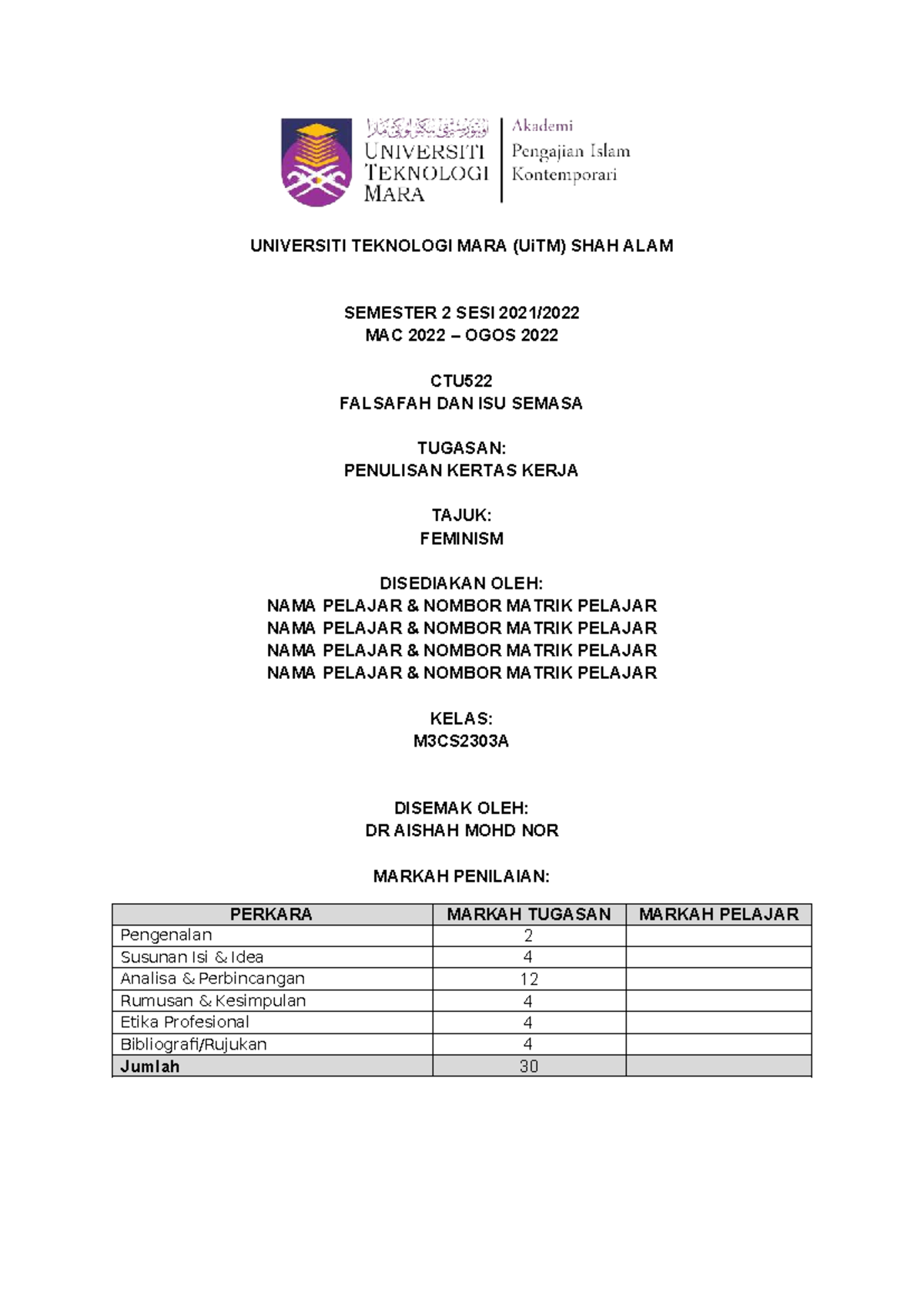 Contoh MUKA Hadapan DR Aishah MOHD NOR - UNIVERSITI TEKNOLOGI MARA ...