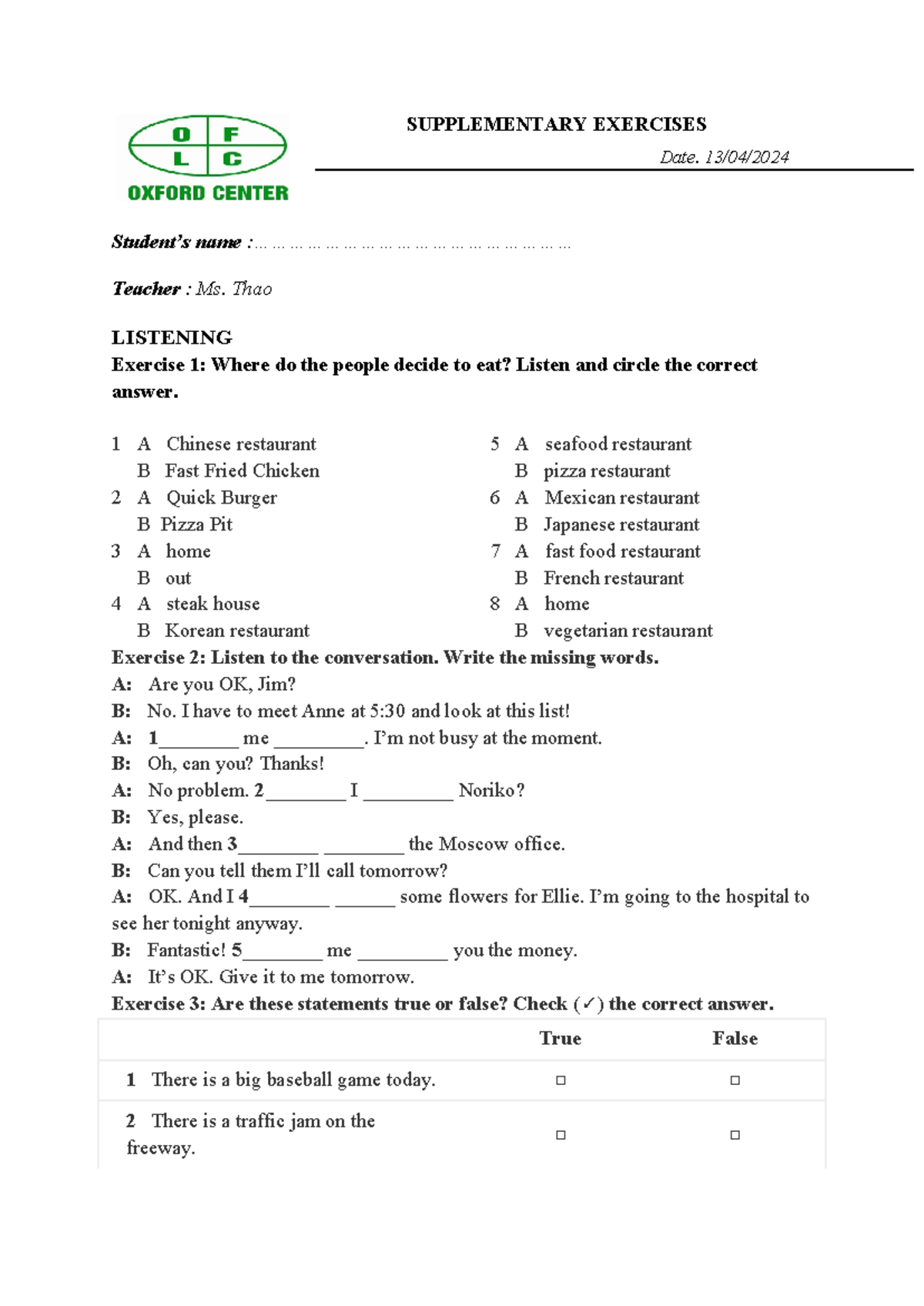Listening and Grammar Supplementary Exercises for ESL Students - Studocu