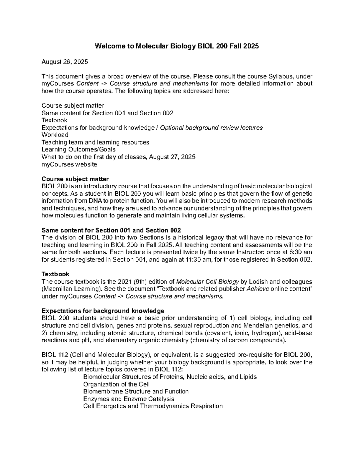 Introduction to Molecular Biology BIOL 200 - Fall 2025 Overview - Studocu