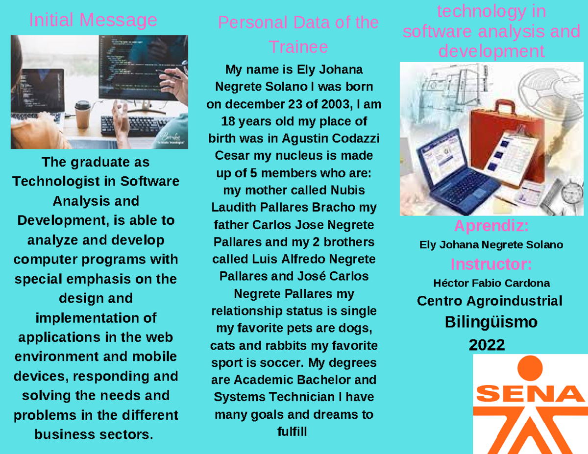 Folleto - INGLES - technology in software analysis and development Aprendiz: Ely Johana Negrete ...