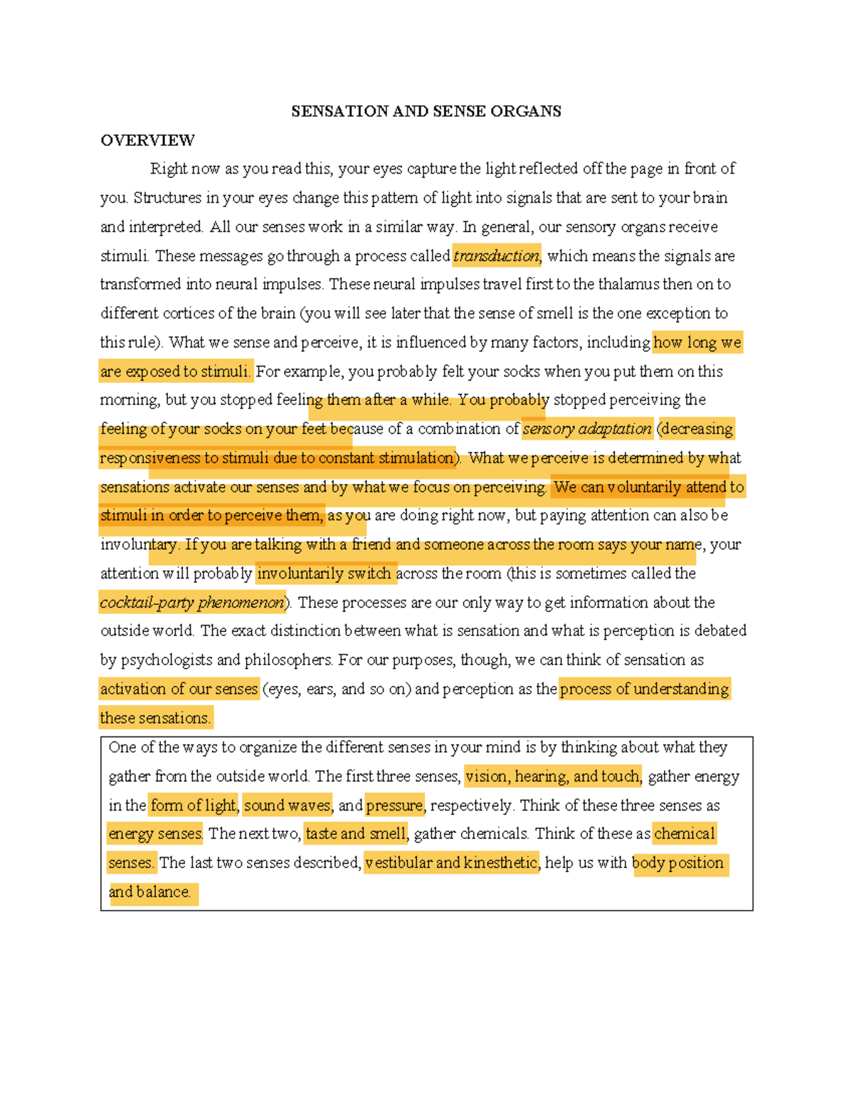 SENSATION AND SENSE ORGANS OVERVIEW (PSY 101) - Studocu
