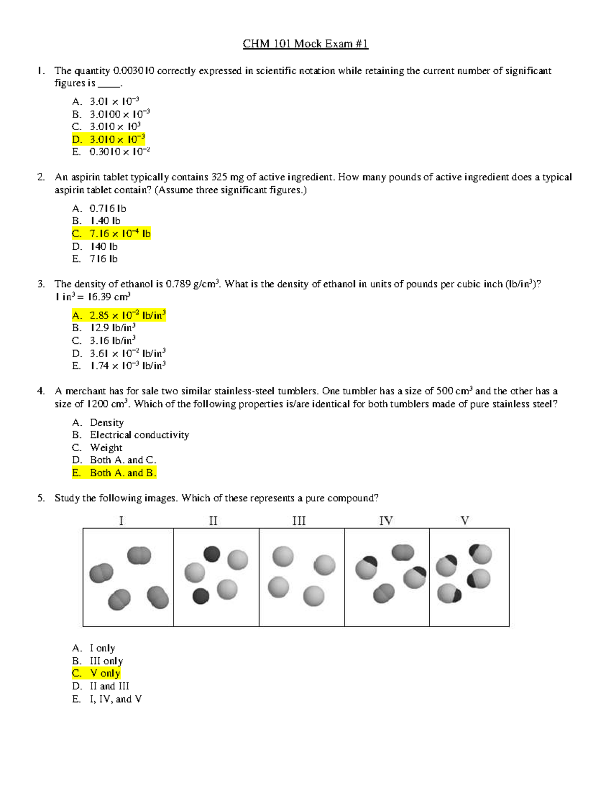 CHM 101 Mock Exam #1: Practice Questions & Answers - Studocu