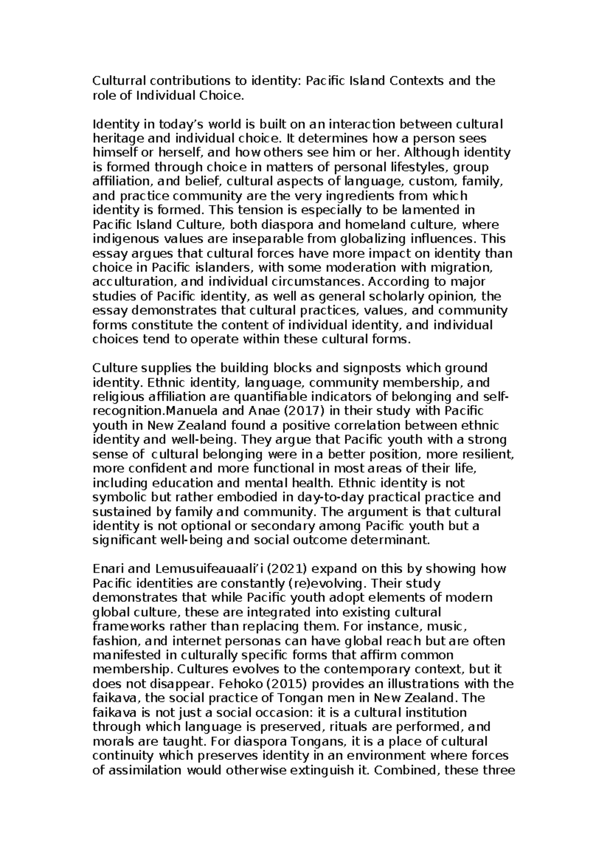 Cultural Contributions to Identity: Pacific Island Contexts (Final ...