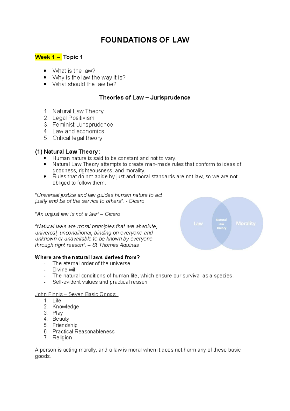 FOUNDATIONS OF LAW (LAW101) Week 1-6 Lecture & Tutorial Notes - Studocu