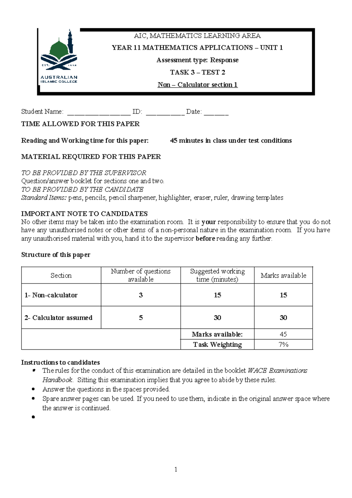 Test 2: Year 11 Mathematics Applications (Non-Calculator) - Studocu