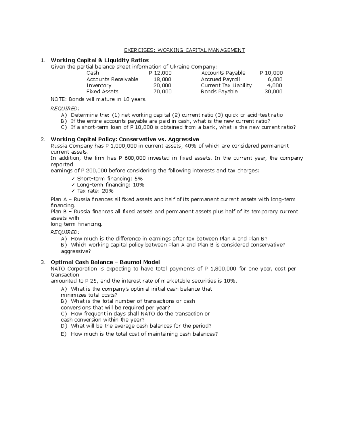 Exercises: Working Capital Management (Course Code: 5-CM) - Studocu