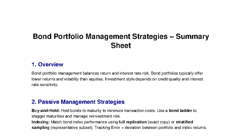 Bond Portfolio Management Strategies Overview & Key Concepts - Studocu