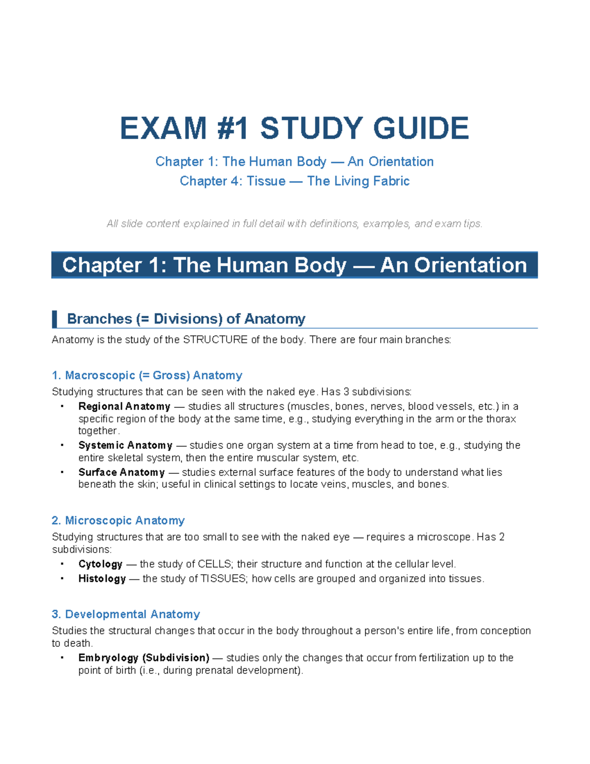 EXAM STUDY GUIDE: Anatomy & Physiology Overview (Chapters 1 & 4) - Studocu