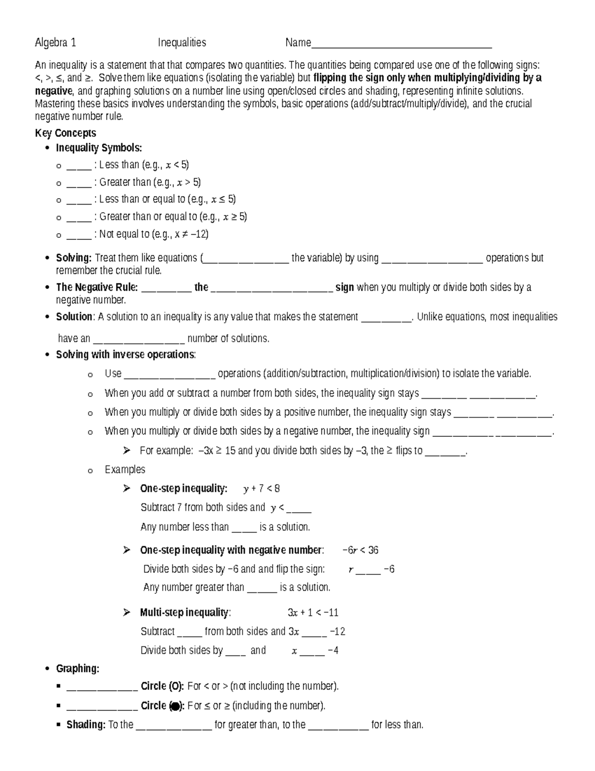 Algebra 1: Understanding and Solving Inequalities - Studocu