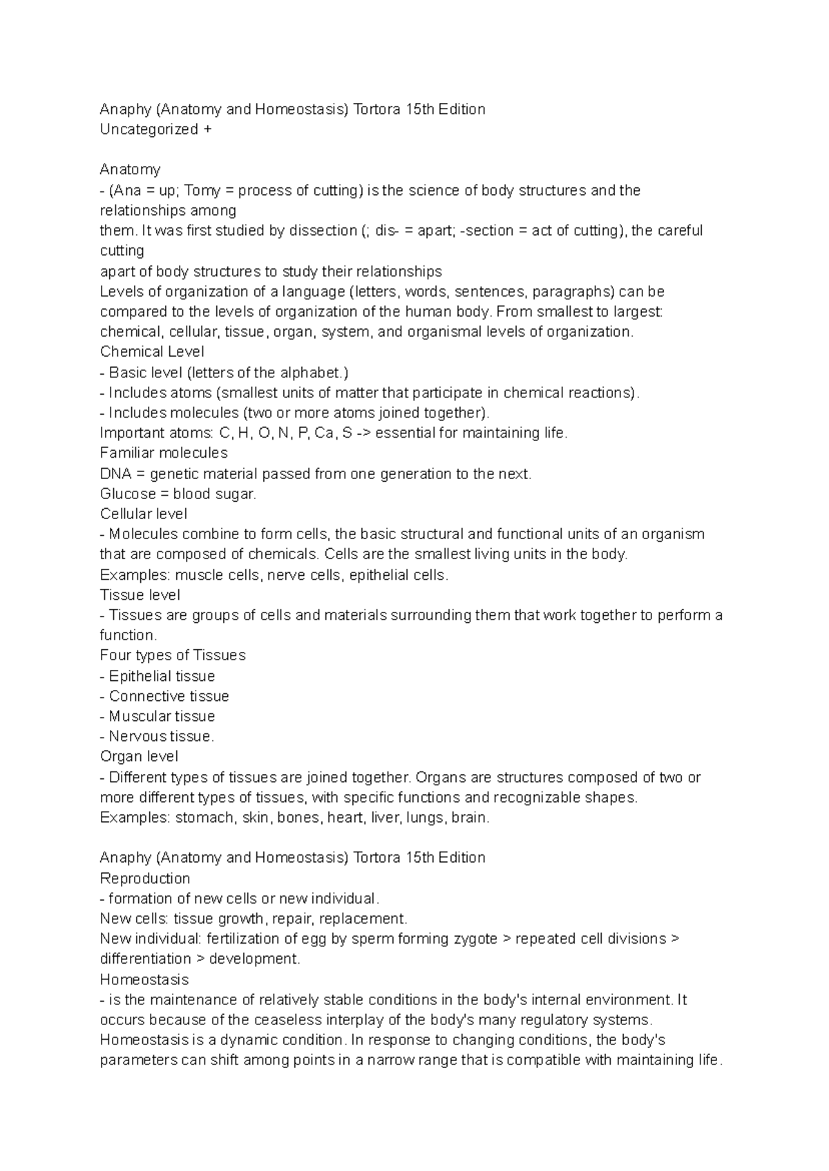 Anaphy (Anatomy and Homeostasis) Tortora 15th Edition Study Notes - Studocu