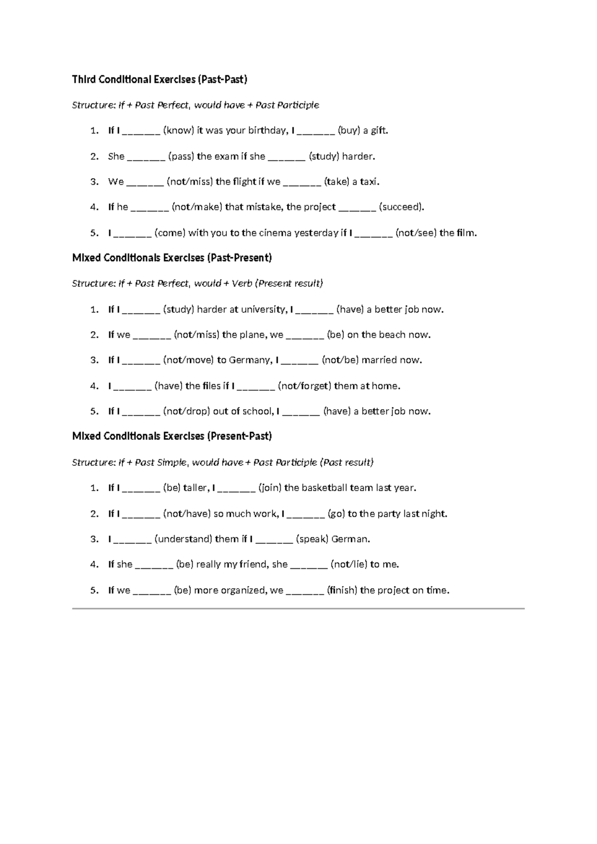 Third Conditional Mixed Exercises: If Past Perfect, would have Past ...