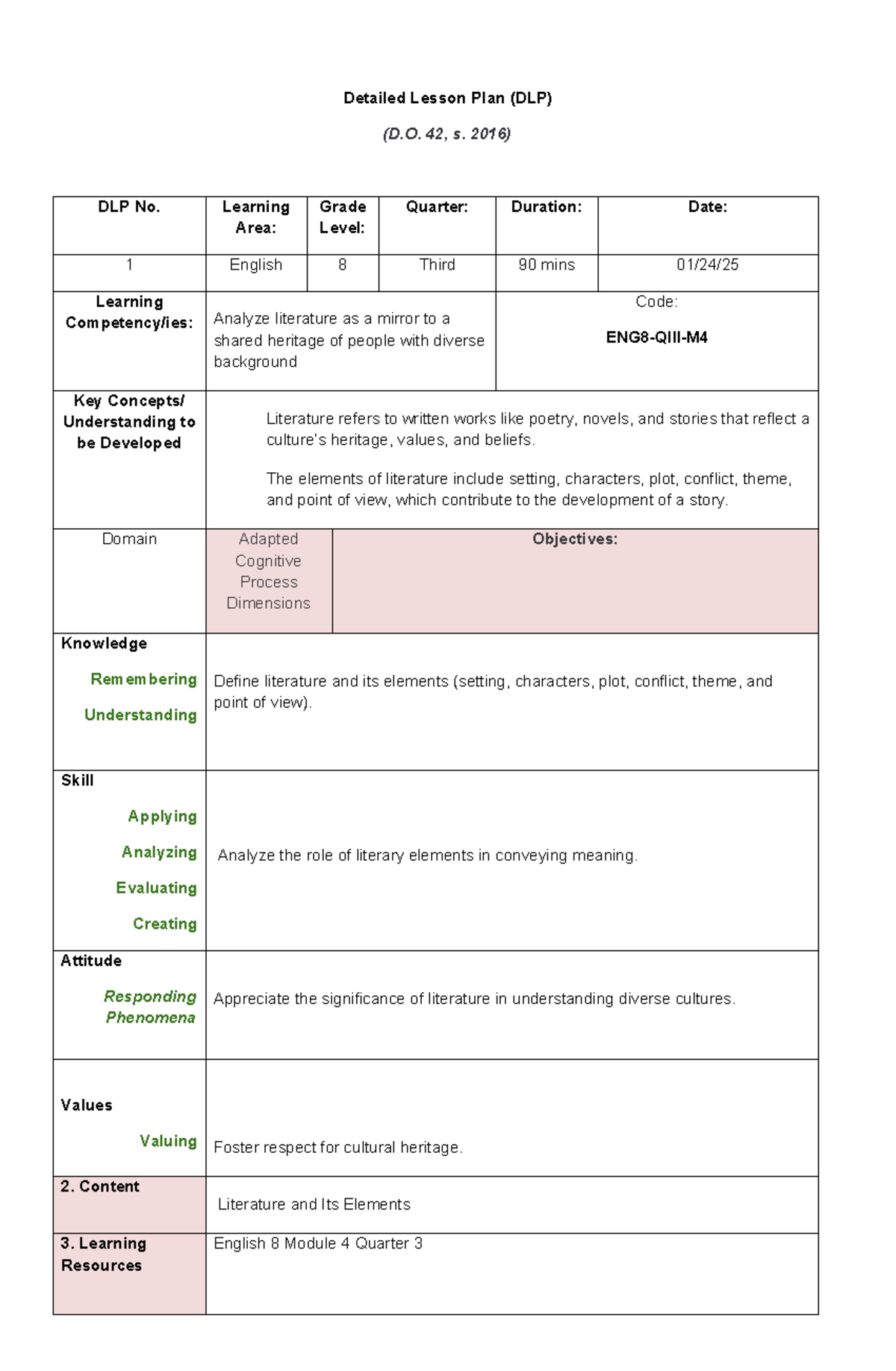 ENG8-QIII-M: Detailed Lesson Plan on Literature & Its Elements - Studocu