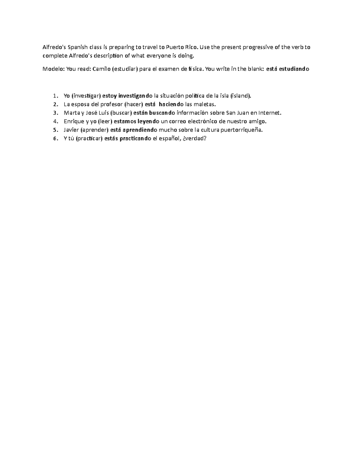 Spanish 1 Oraciones - Present Progressive Activities for Unit 5 - Studocu