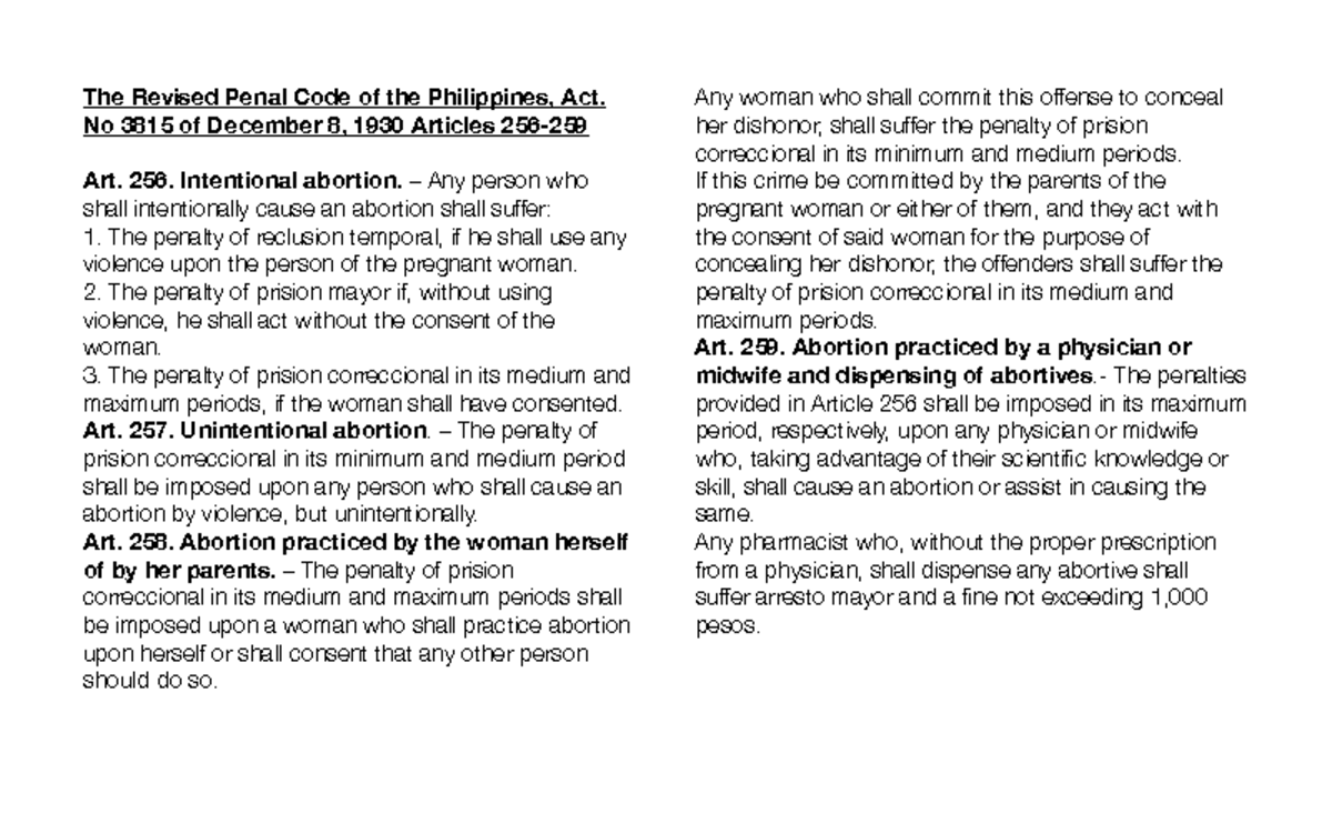 Revised Penal Code of the Philippines: Articles 256-259 on Abortion ...
