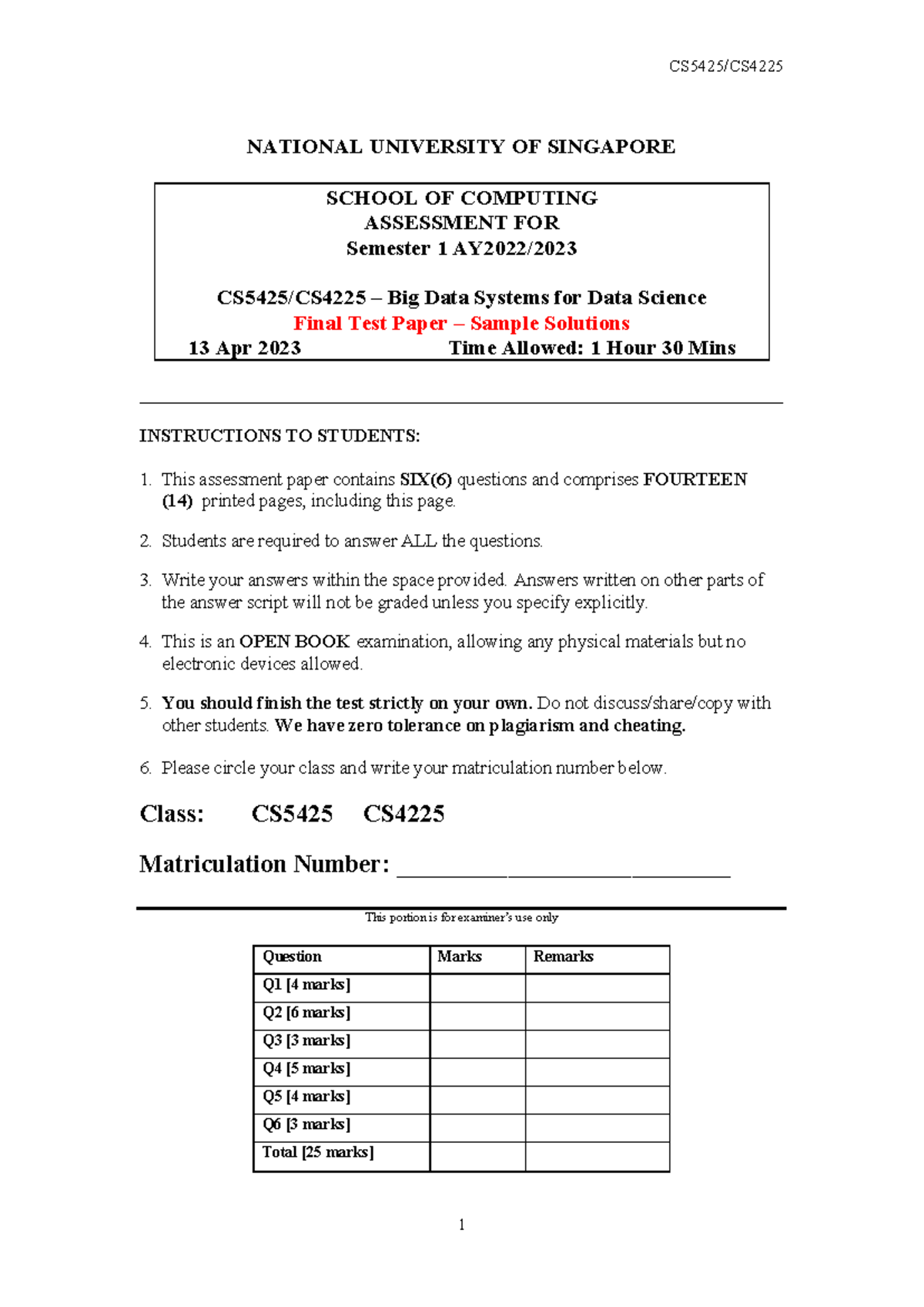 CS5425/CS4225 Final Test Sample Solutions - Spring 2023 - Studocu