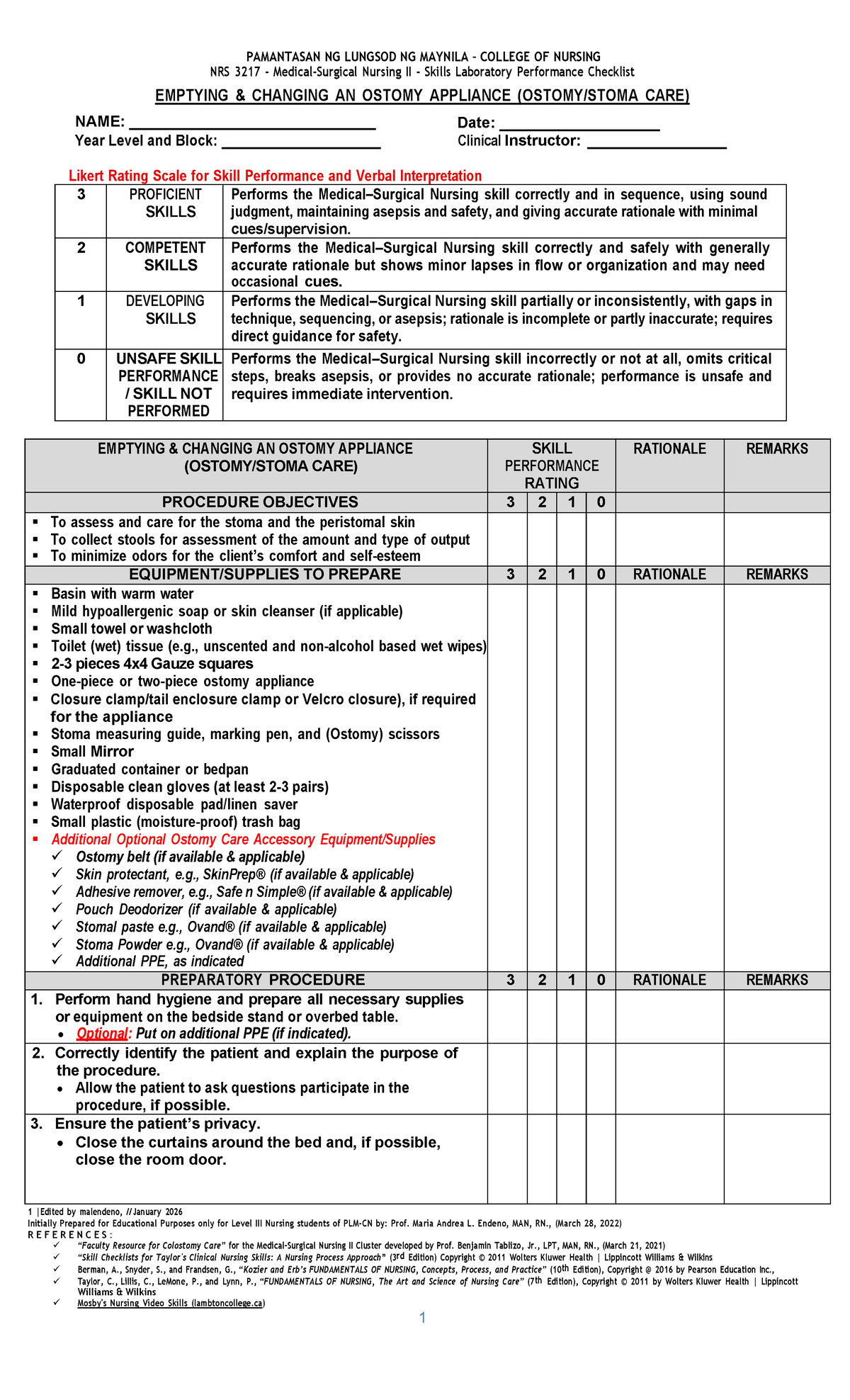 NRS 3217 Nursing II Skills Lab: Ostomy Appliance Care Checklist - Studocu