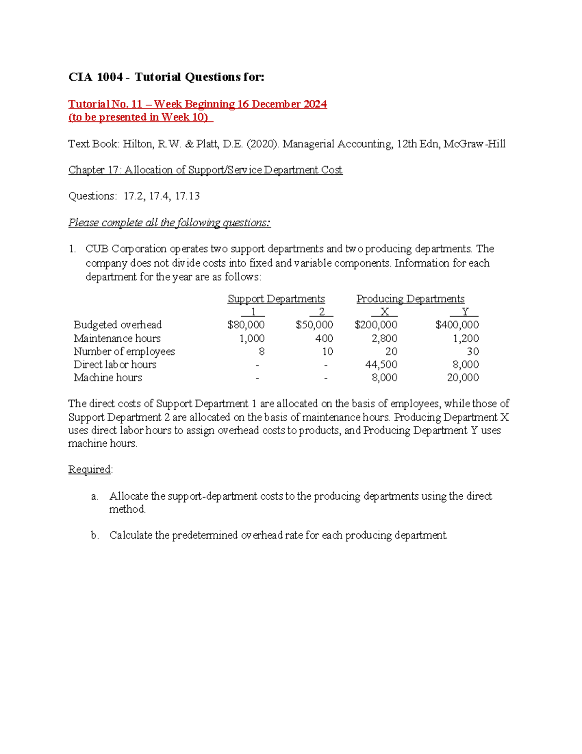 Tutorial 10 Questions - Chp 17 new Oct 2024 - CIA 1004 - Tutorial ...