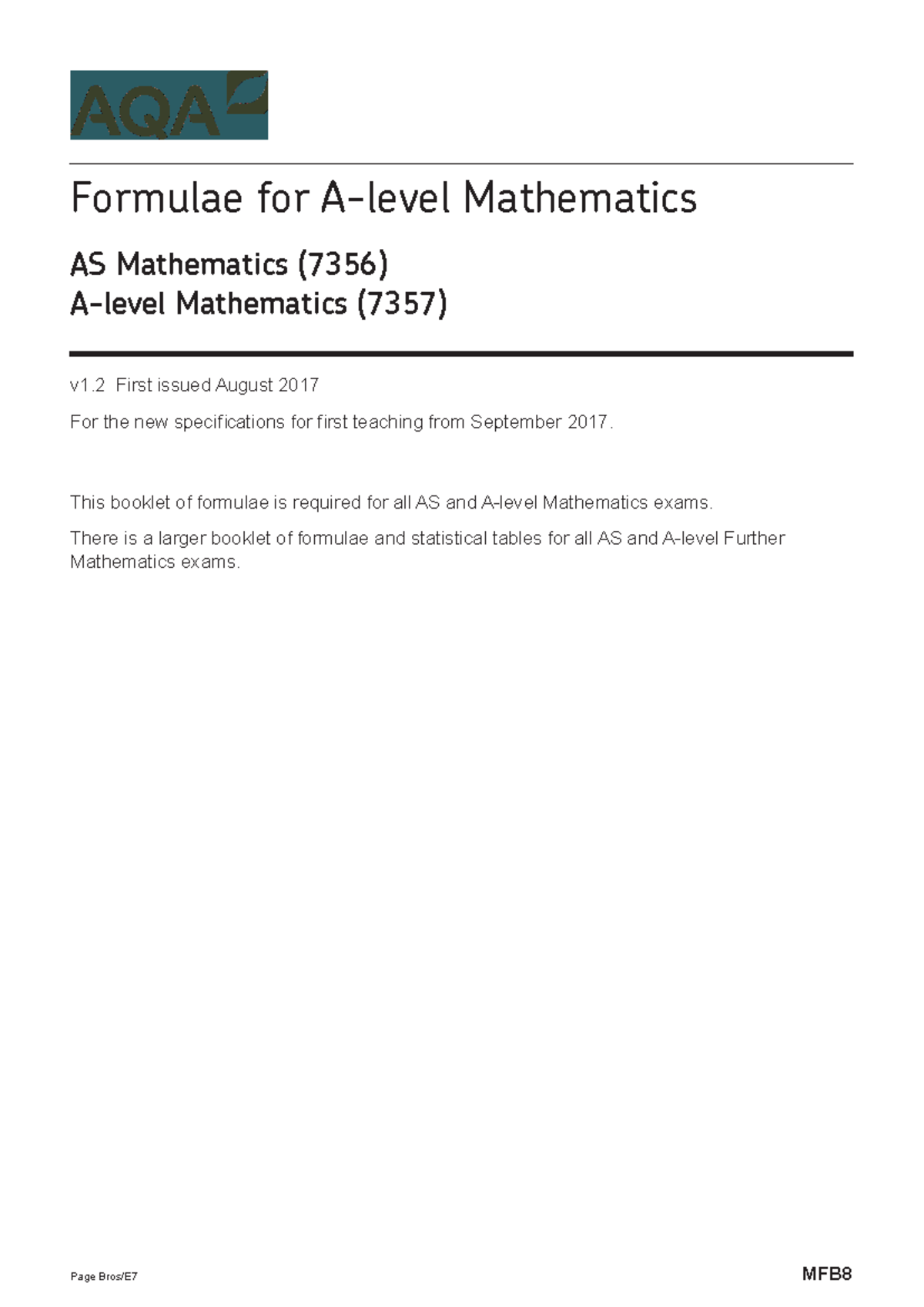 AQA AS/A-Level Maths (7356/7357) Essential Formulae Guide - Studocu