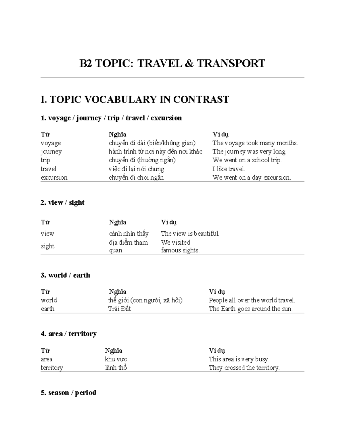 B2 Topic: Travel & Transport Vocabulary and Phrasal Verbs Guide - Studocu