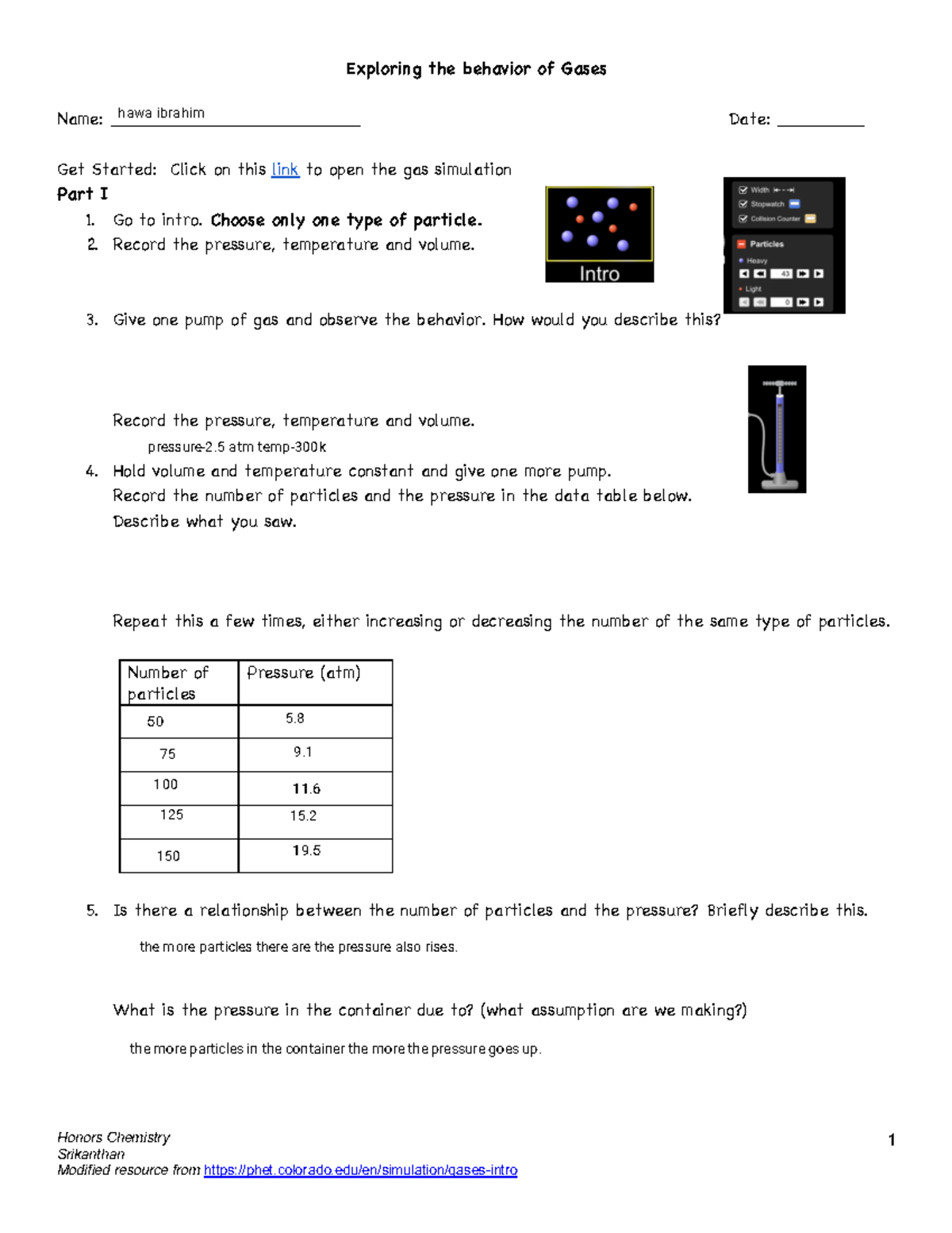 HAWA Ibrahim - Honors Chemistry: Exploring Gas Behavior (Experiment 1-3 ...