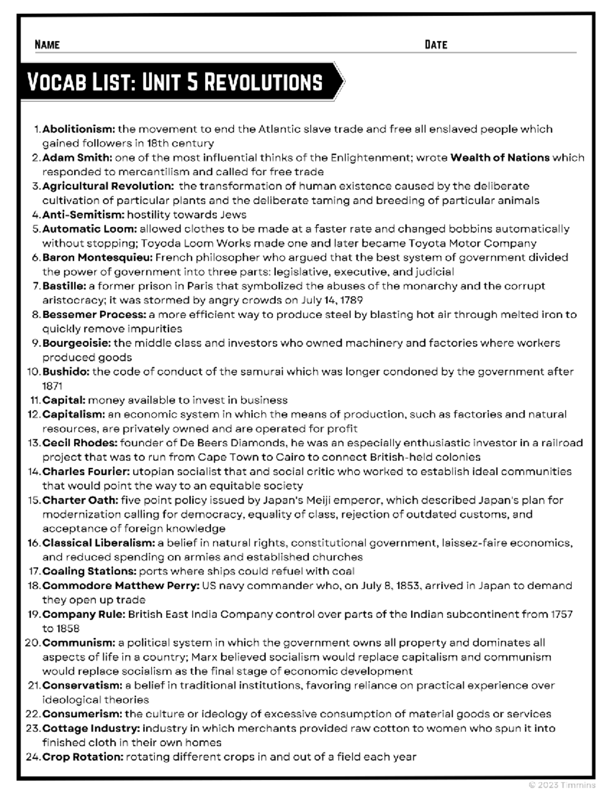 HIST 2023: Unit 5 Vocabulary List on Revolutions and Reforms - Studocu