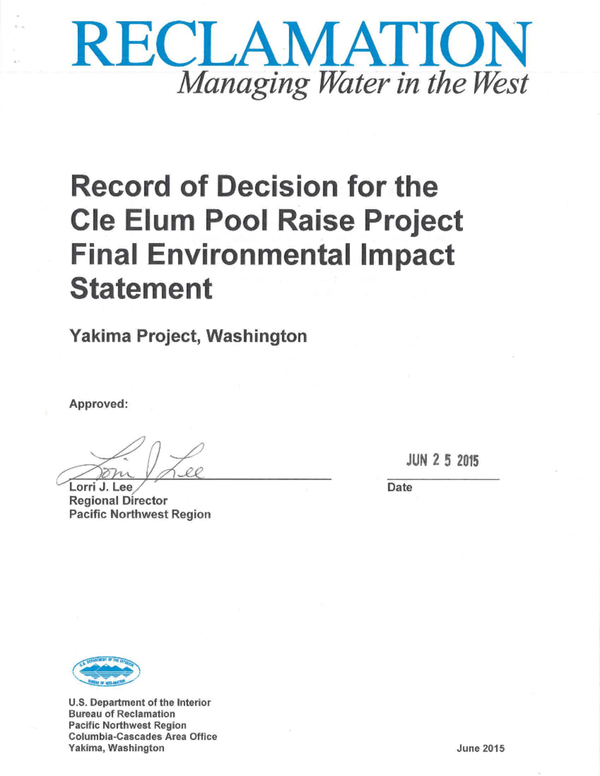 Record of Decision for Cle Elum Pool Raise Project (Final EIS) - Studocu