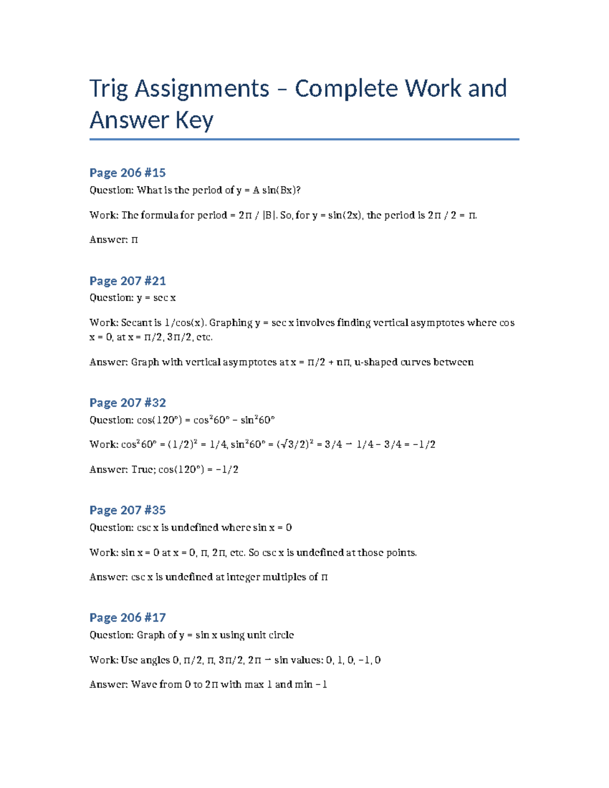Trig Assignment Work Sample: Complete Solutions & Answer Key - Studocu