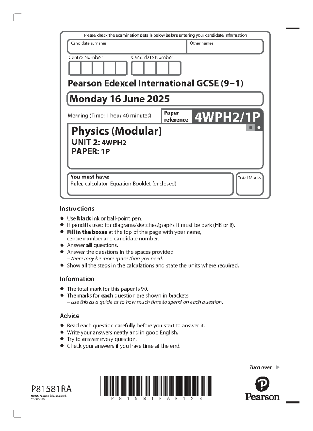 I G Physics - Question Paper Modular 2P (June 2025) - Studocu