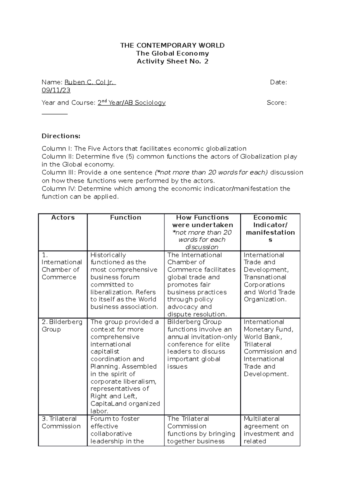 COL Ruben TCW Module 2 Lesson 2 Activity: Global Economy Actors - Studocu